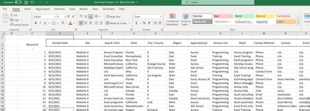 Microsoft Excel Lead Tracker Application - Excel and Access, LLC