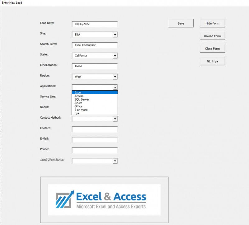 Microsoft Excel Lead Tracker Application - Excel and Access, LLC